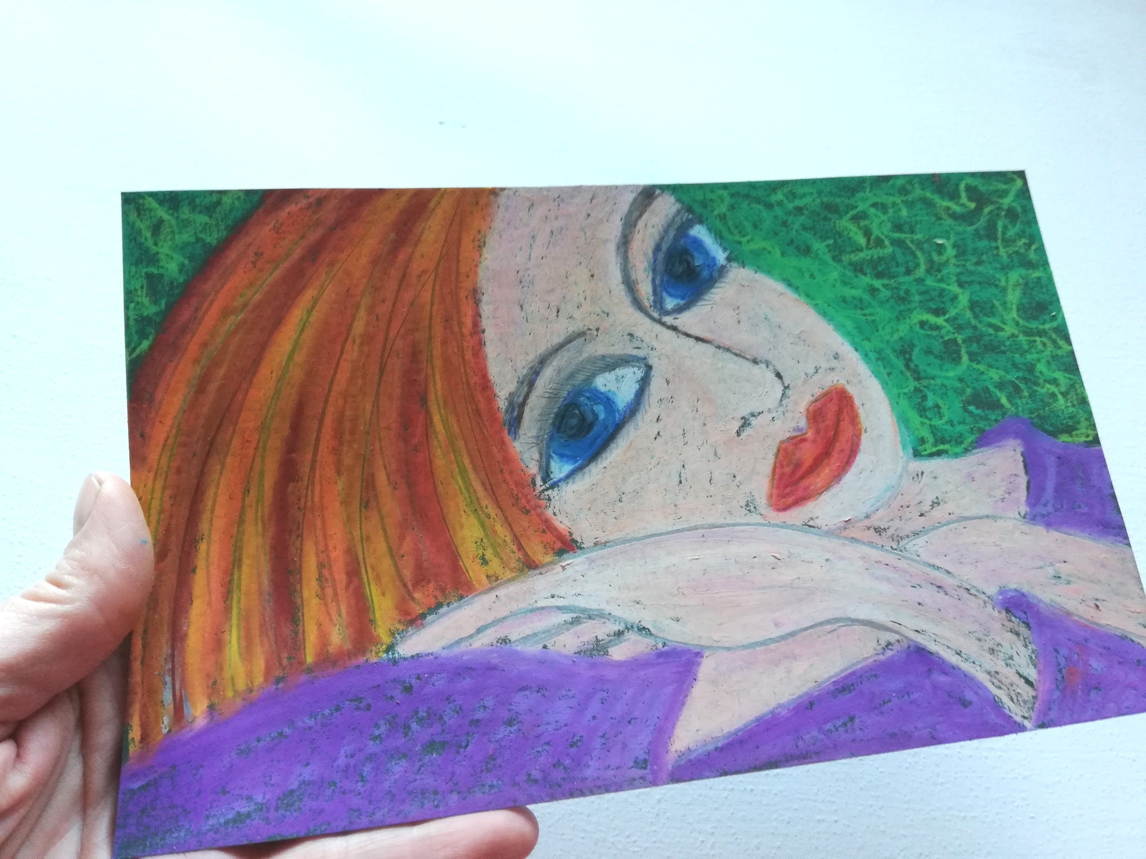 Portrait Redhead Girl in Oil Pastel. Original Primitive Portrait of a ...
