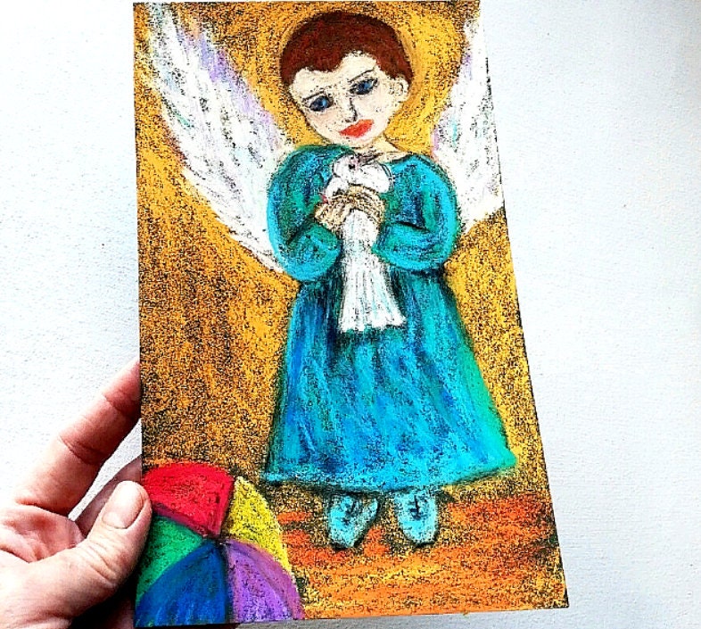 Angel Oil Pastel Painting, Original Affordable Oil Pastel Abstract ...