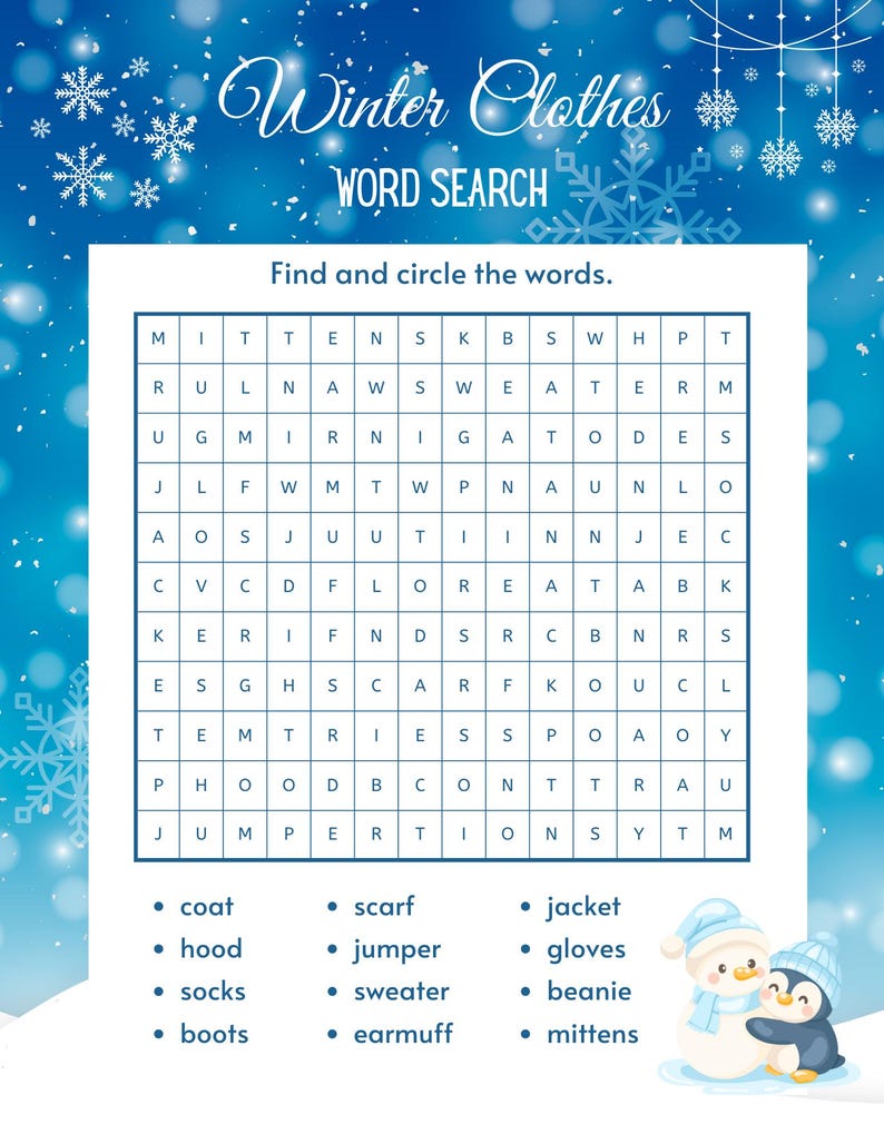 Winter Clothes Word Search – Printable Winter Clothing Activity for ...