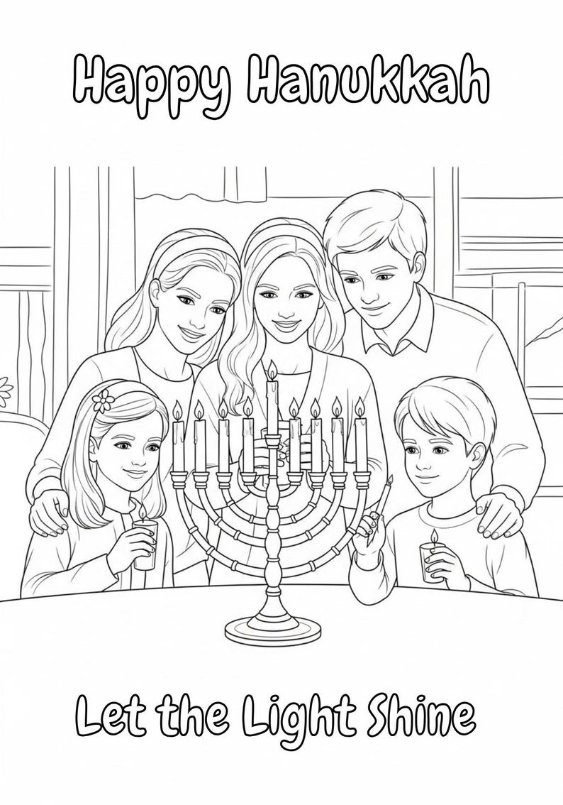 Happy Hanukkah Coloring Page – Family Lighting Menorah | Festival of ...