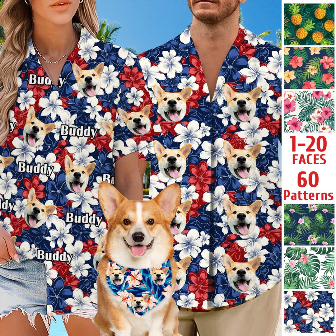 Custom Pet Face Hawaiian Shirt: Tropical Dog Matching Vacation Shirt - Etsy