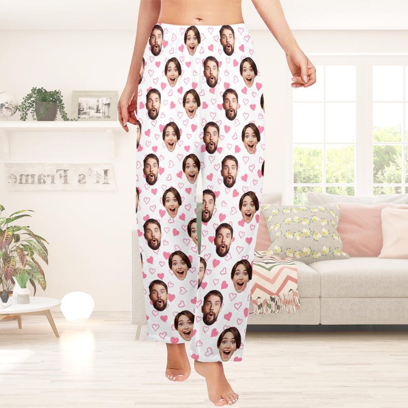 Custom Photo Pajama Pants: Heart Print Pj Pants With Face, Couple ...