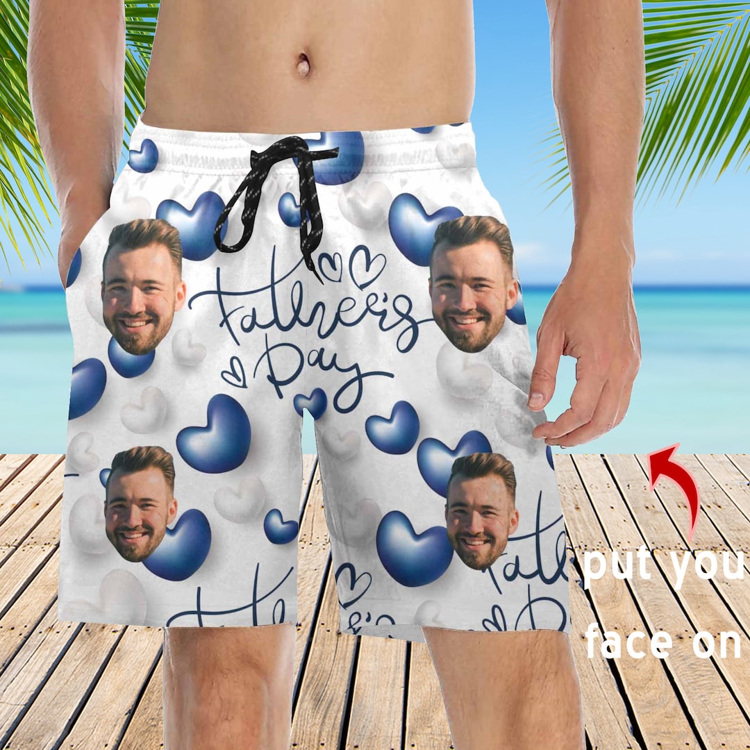 Father's Day Shorts With Face for Dad, Custom Lace-up Beach Shorts W ...