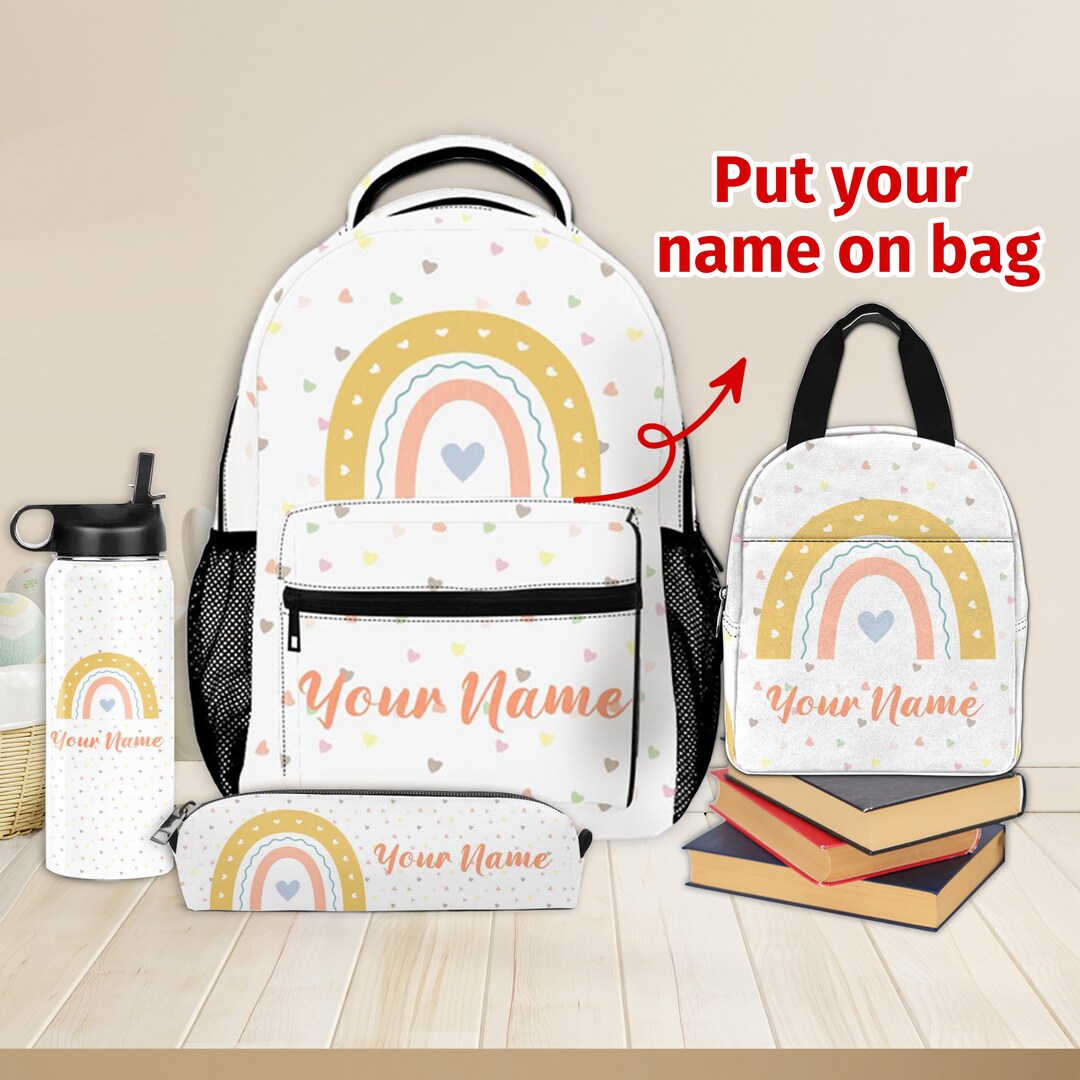 Personalized Name Backpack Lunch Bag Set: Rainbow School Bag for Girls ...