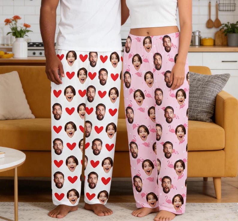 Custom Photo Pajama Pants: Heart Print Pj Pants With Face, Couple ...
