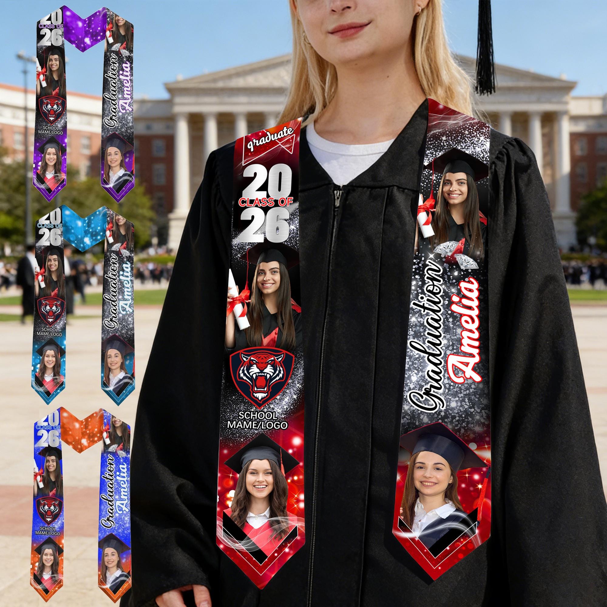 Custom School Logo Graduation Stole : Customizable Picture Name Sash ...