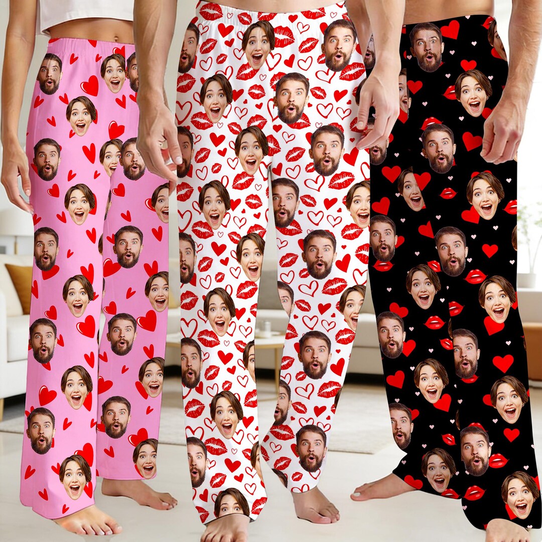 Custom Photo Pajama Pants: Heart Print Pj Pants With Face, Couple ...
