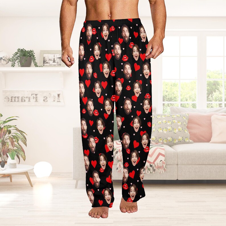 Custom Photo Pajama Pants: Heart Print Pj Pants With Face, Couple ...