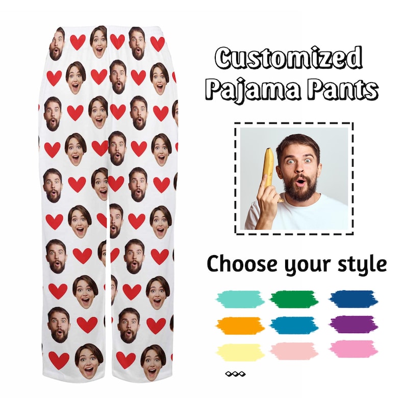 Custom Photo Pajama Pants: Heart Print Pj Pants With Face, Couple ...