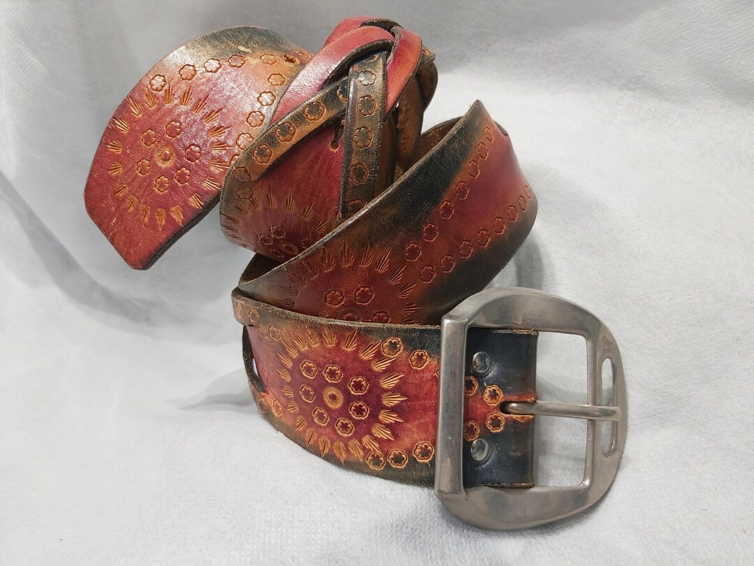Wide Red Embossed Mandala Leather Belt. Vintage Wide Leather Belt ...