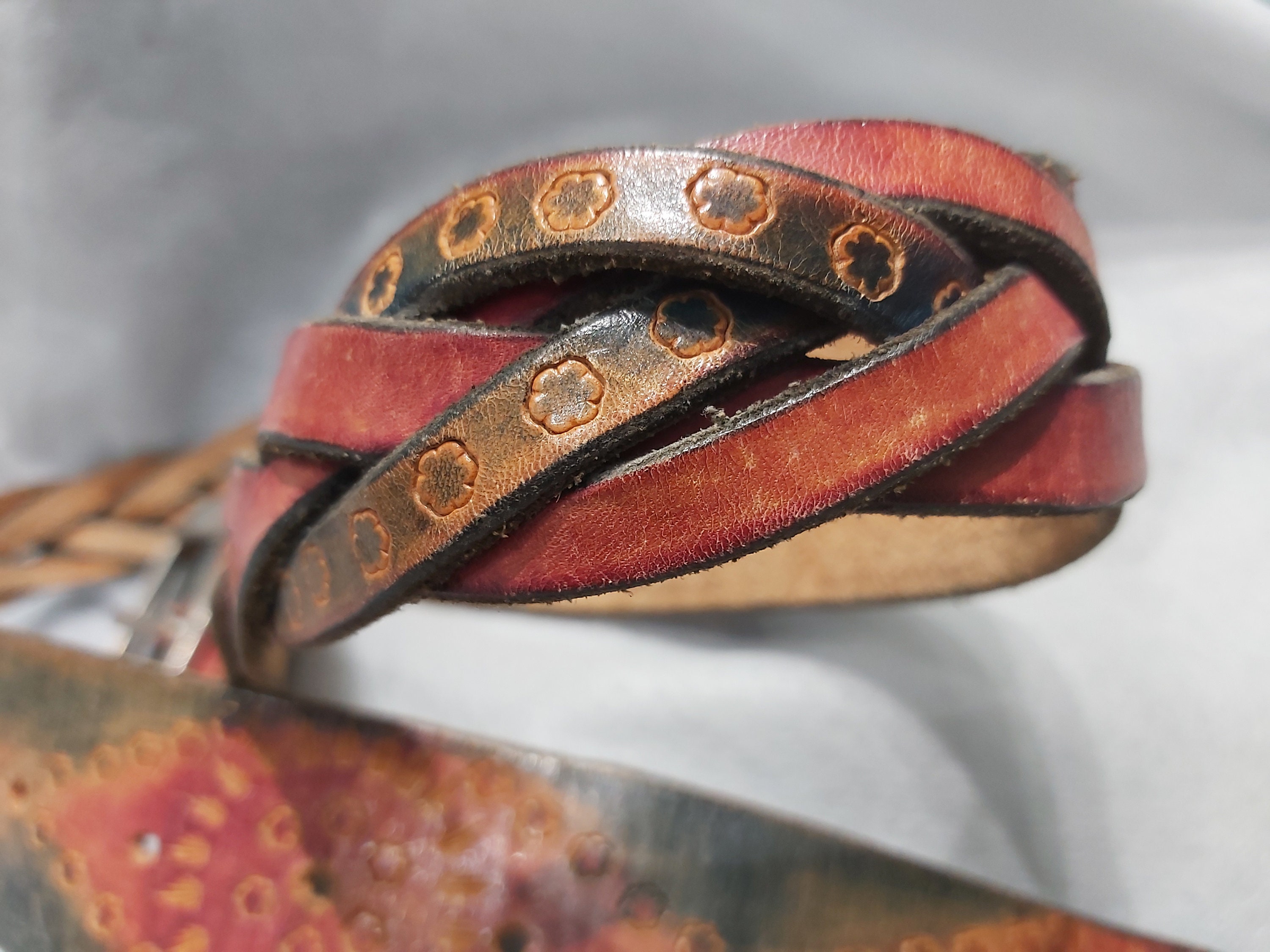 Wide Red Embossed Mandala Leather Belt. Vintage Wide Leather Belt ...