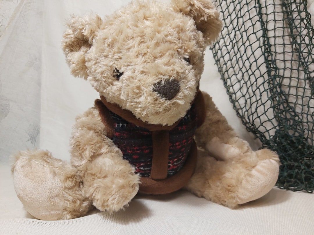 17" Large Vintage Beige Teddy Bear Hooded Vest. Soft Stuffed Light ...