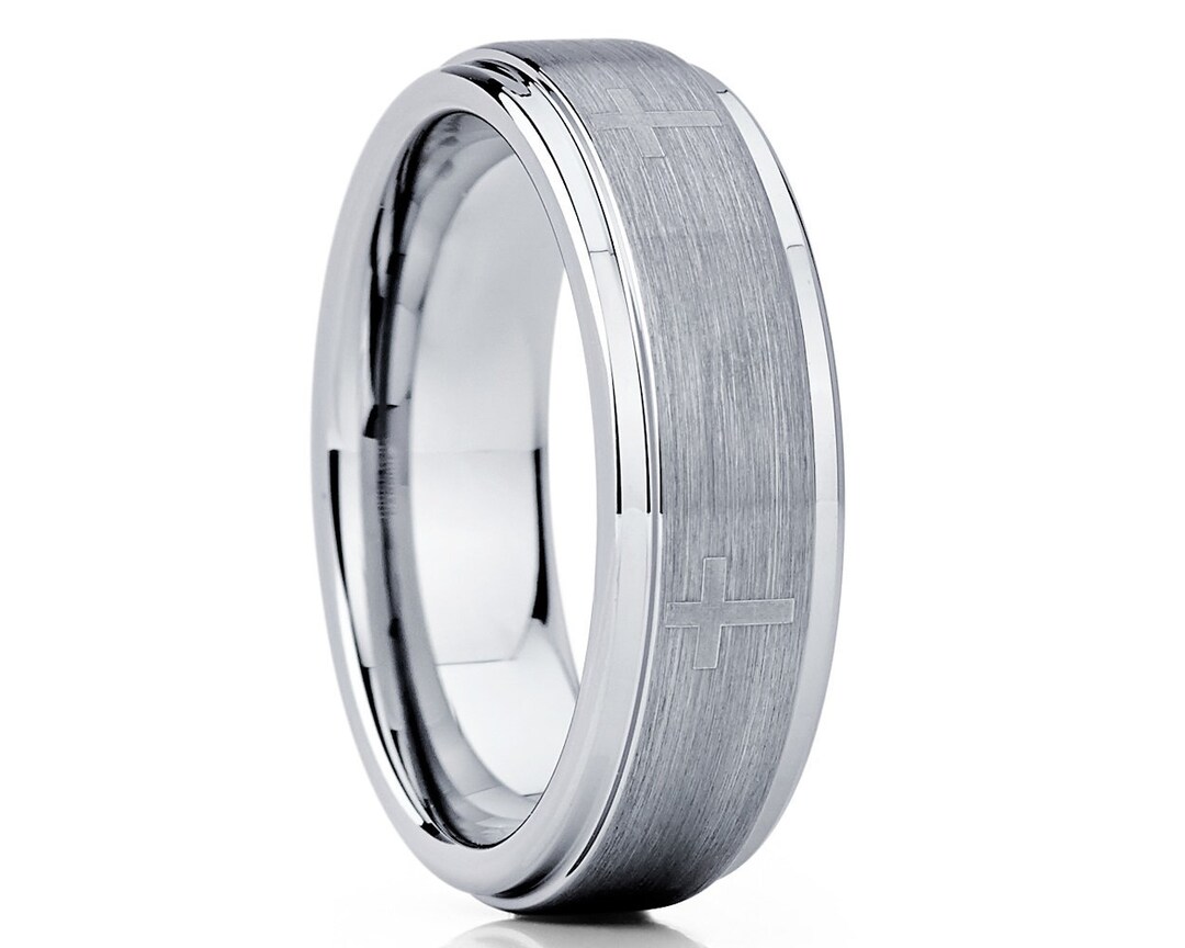 Cross Wedding Ring,silver Tungsten Wedding Band,unique Tungsten Wedding ...