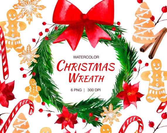 Digital Watercolor Christmas Wreath With Fir Branches With - Etsy