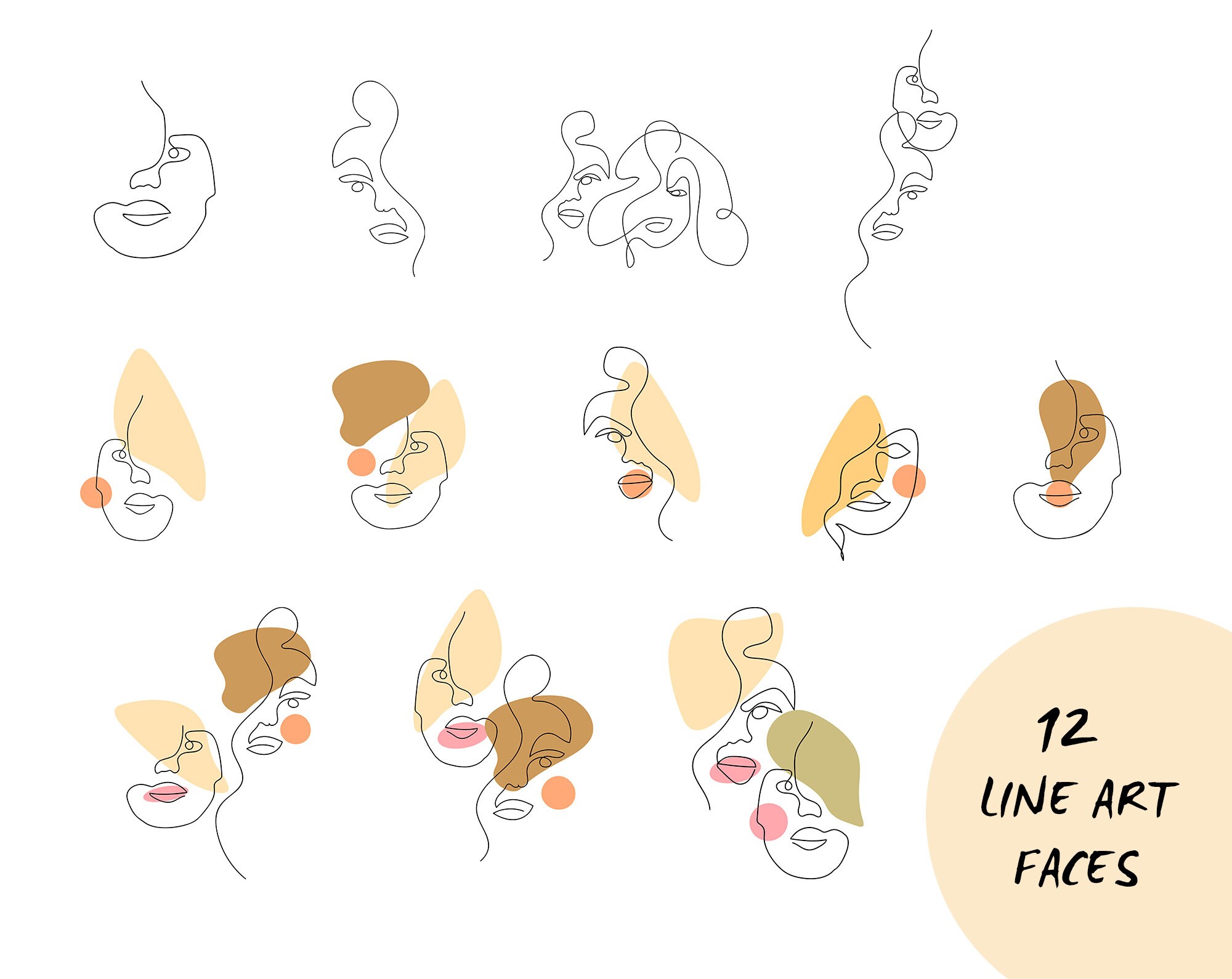 Abstract Woman Face Line Art SVG Set of 12 One Line Drawing Bundle ...