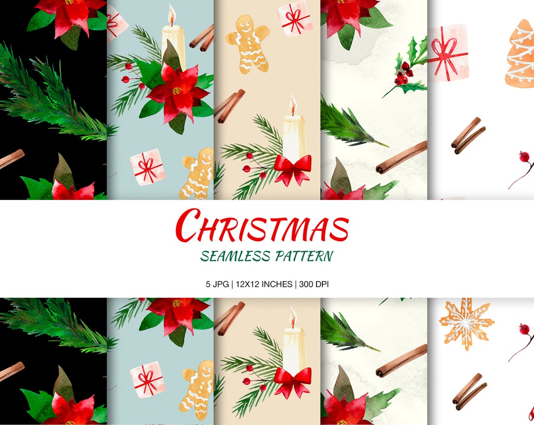 Watercolor Christmas Seamless Pattern, Xmas Digital Papers With ...