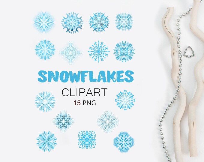 Blue Glitter Snowflake Clipart Bundle: Winter Frozen PNG (digital ...