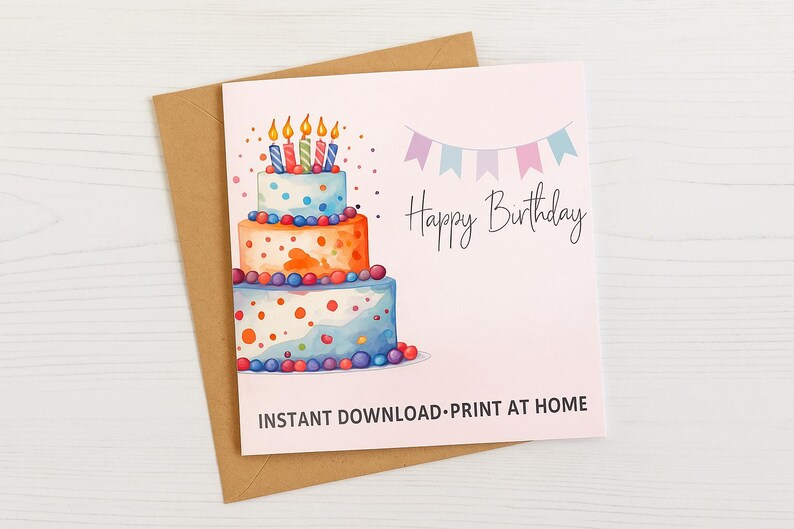 Colorful Birthday Cake Printable Card, Instant Download, A2 Folded ...