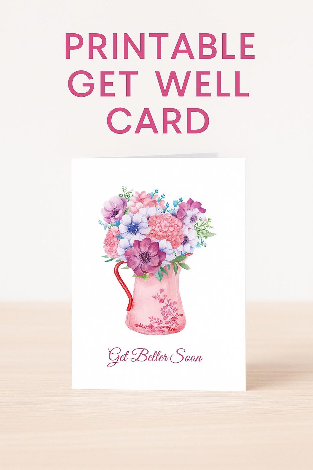 Get Well Soon Printable Card – Pink Floral Vase | Instant Download - Etsy
