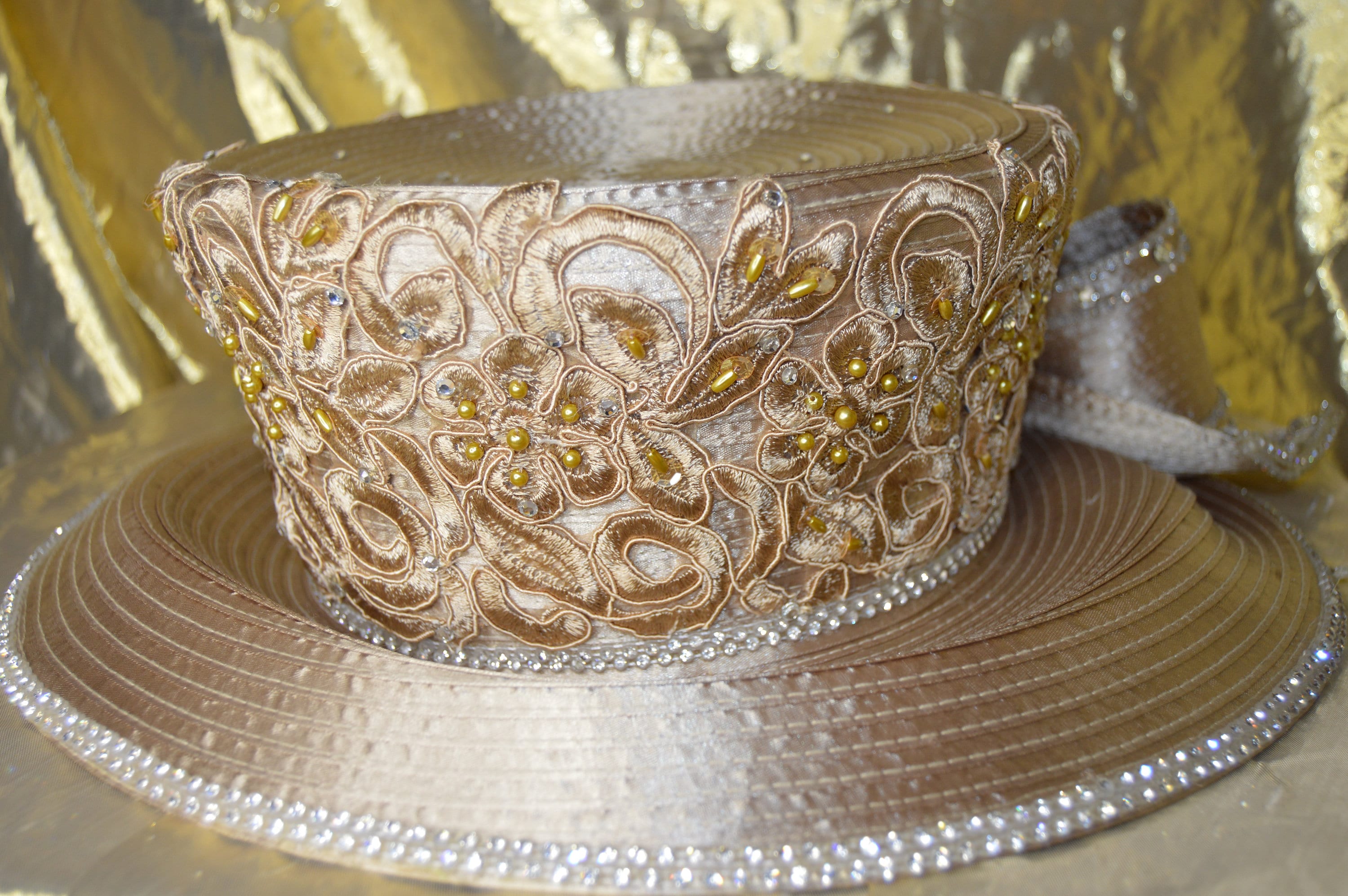 Gold Lace Wide Brimmed Church Hat With Sequin Bow Elegant - Etsy
