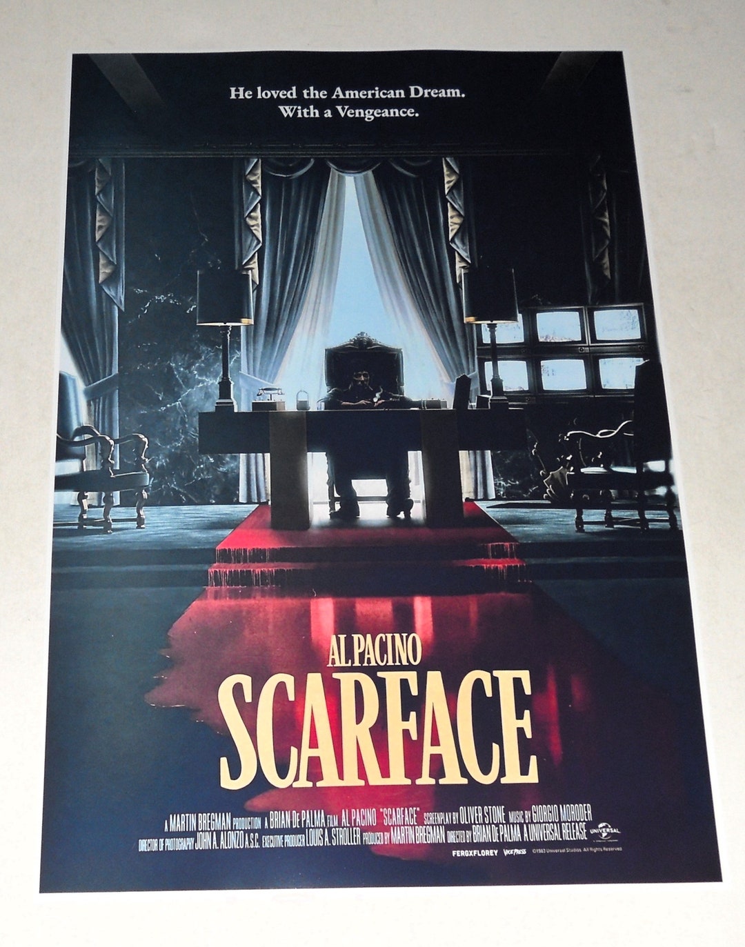 SCARFACE 1983 Poster Al Pacino Tony Montana Blood Desk 19x13 Brian De ...