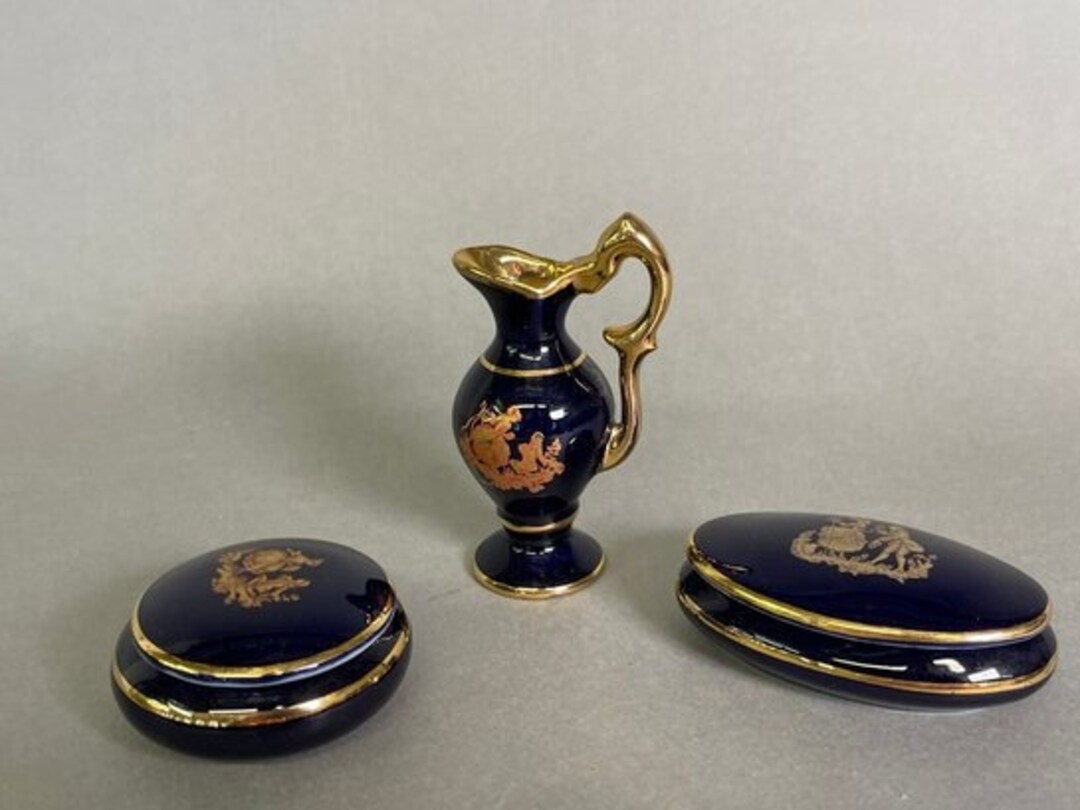 LIMOGES Porcelain 3 Pc Set Cobalt Blue With BEAUTIFUL GOLD Details - Etsy