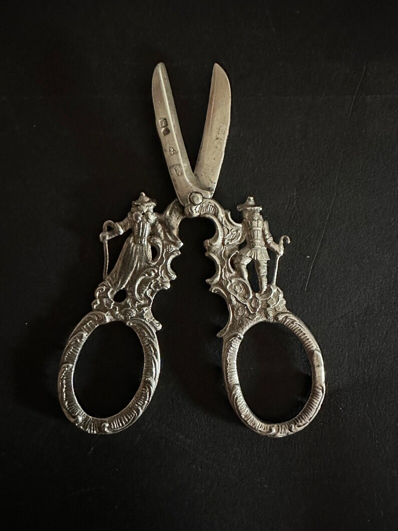 ANTIQUE Sterling SILVER Victorian "dutch" Helmark SCISSORS 1897 36g (1 ...