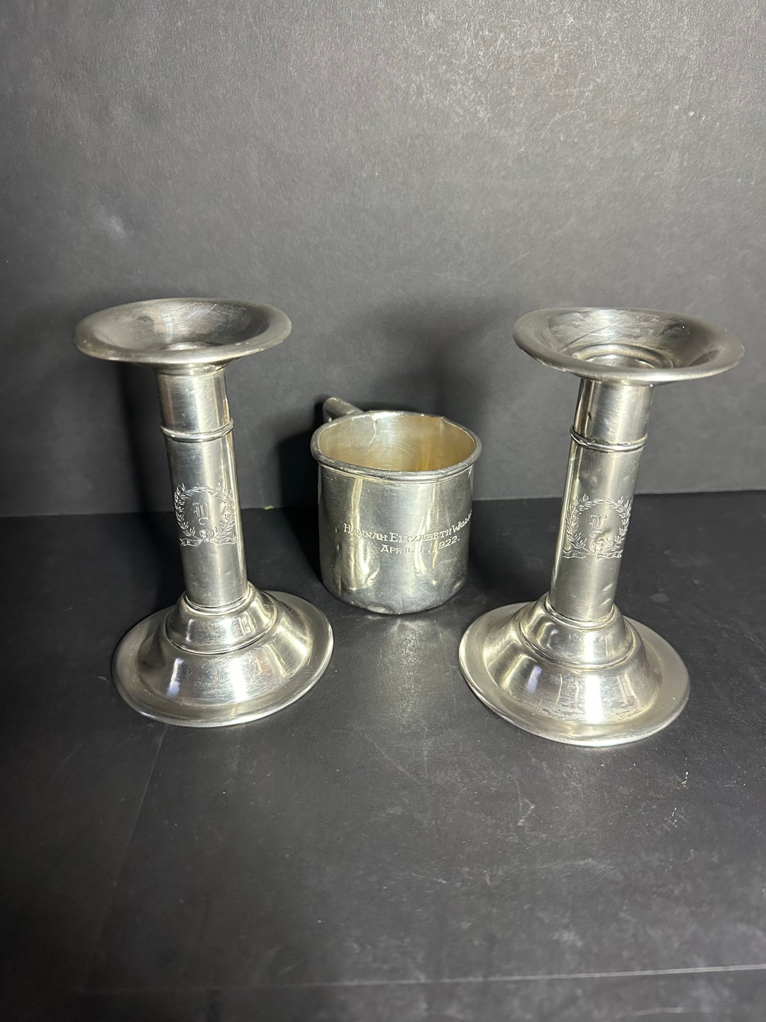 ANTIQUE British -?hallmarks STERLING SILVER 2 Candlesticks and Cup 264g ...