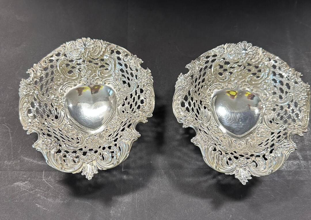 Antique TIFFANY & Co. Floral Sterling SILVER 2 Trinket Trays Heart ...