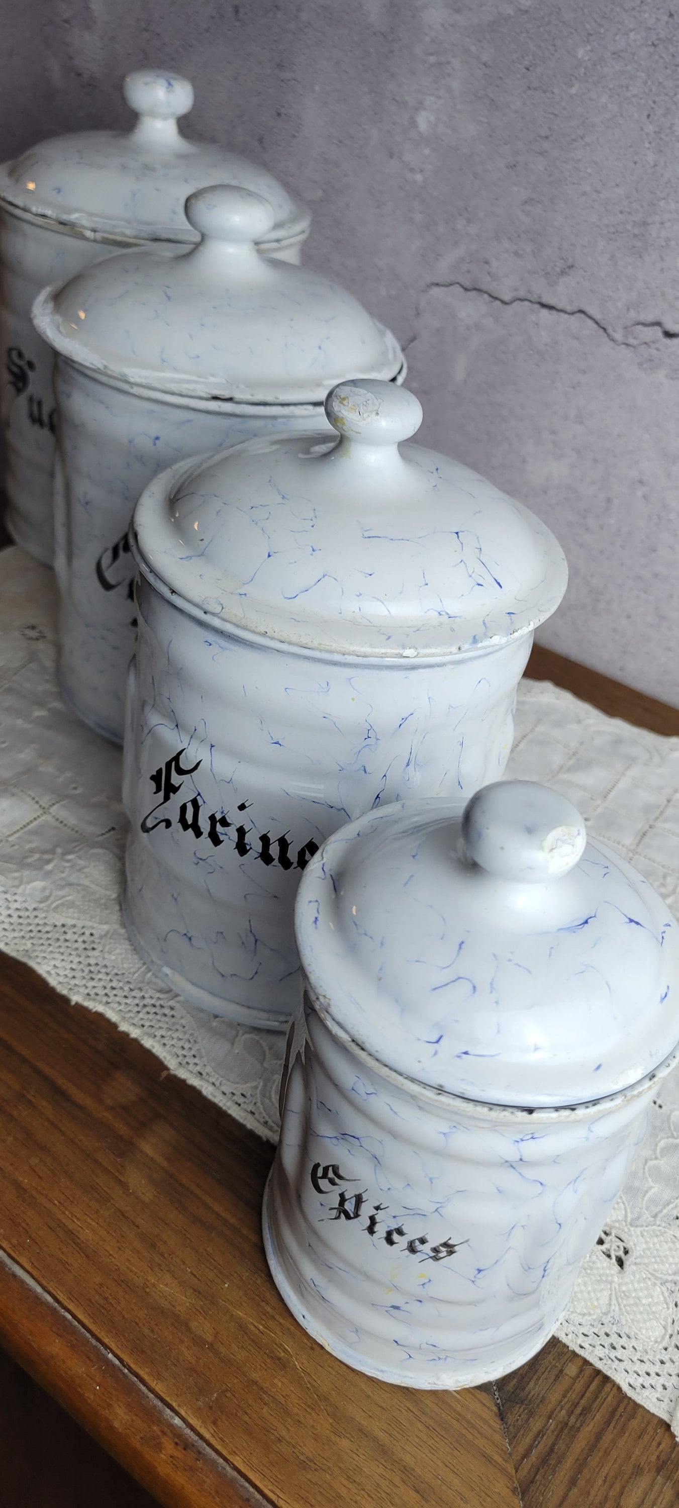 Set of 4 Enamel French Canisters, White Marble Blue Effect, Kitchen ...
