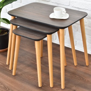 Wooden Nesting Table Set of 3, Mid Century Modern Table, Solid Wood ...
