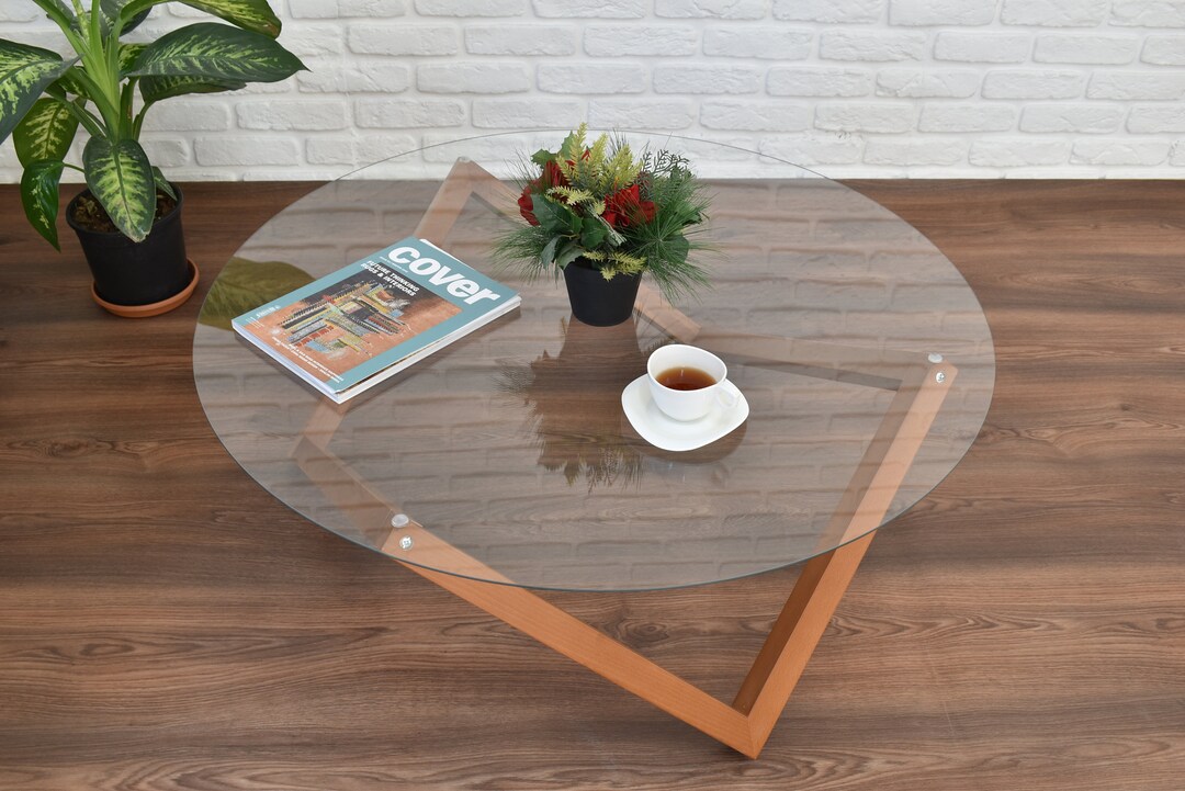 Large Unbreakable Glass Coffee W/ Natural Wooden Base in Modern Style ...