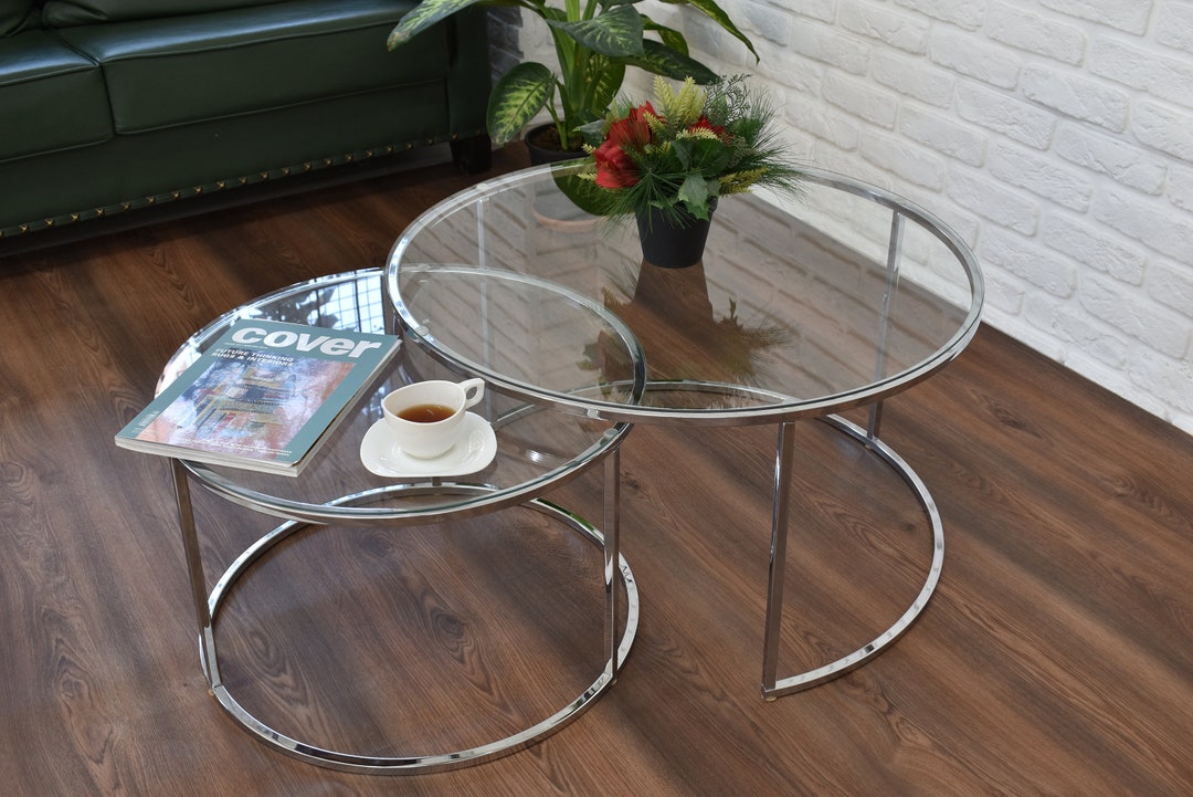 Elegant Large Coffee Tables SET OF 2 Unbreakable Glass Table Top on Silver Plated Metal Legs Nesting Tables Living Room Accent Tables Etsy