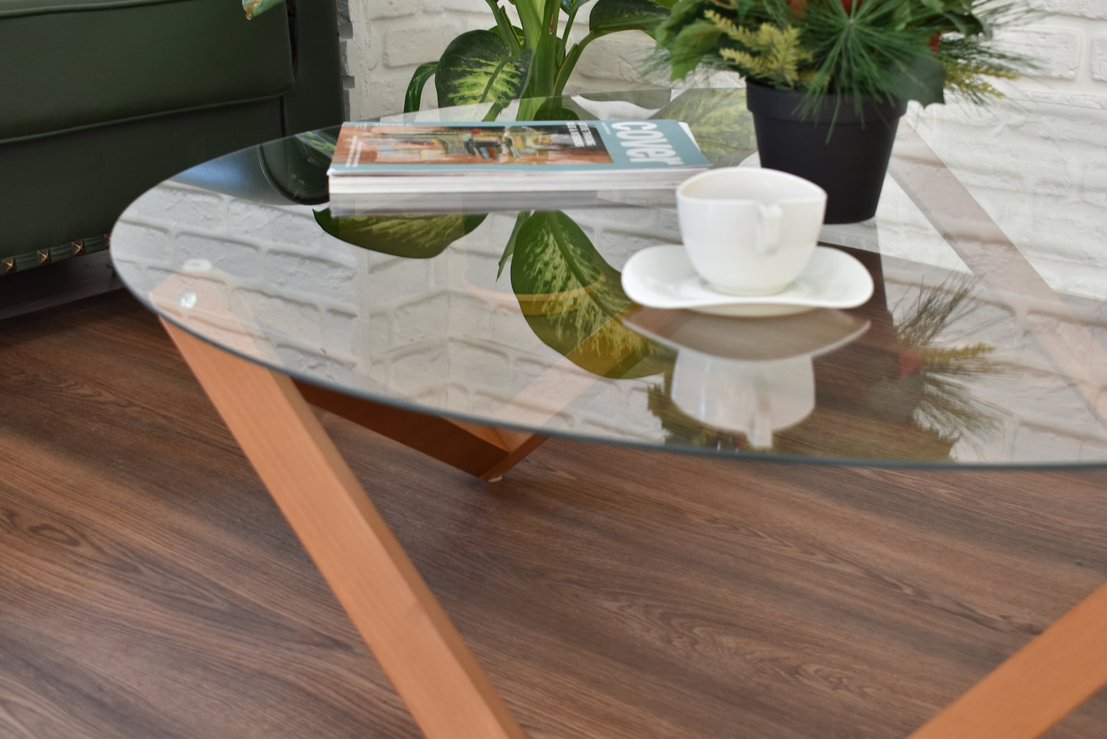 Large Unbreakable Glass Coffee W/ Natural Wooden Base in Modern Style ...