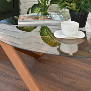 Large Unbreakable Glass Coffee W/ Natural Wooden Base in Modern Style ...