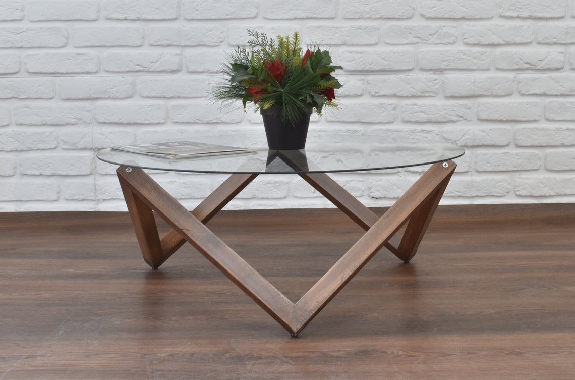 Solid Wood Walnut Low Round Coffee Tables With Unbreakable Glass Table ...