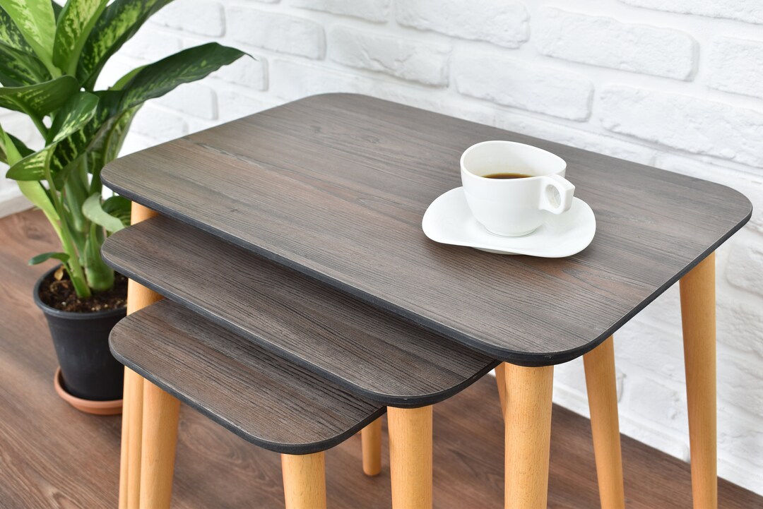 Wooden Nesting Table Set of 3, Mid Century Modern Table, Solid Wood ...