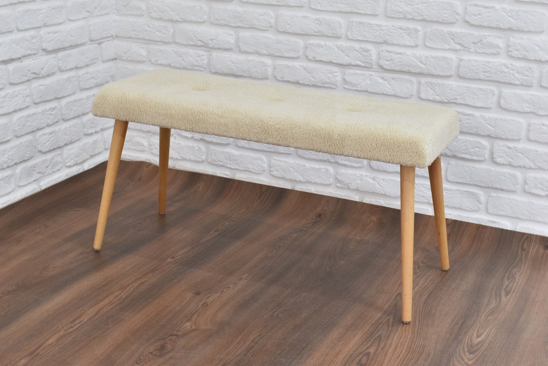 Narrow Bench, Upholstered Bench in Cream and Solid Wood Tapered Legs ...