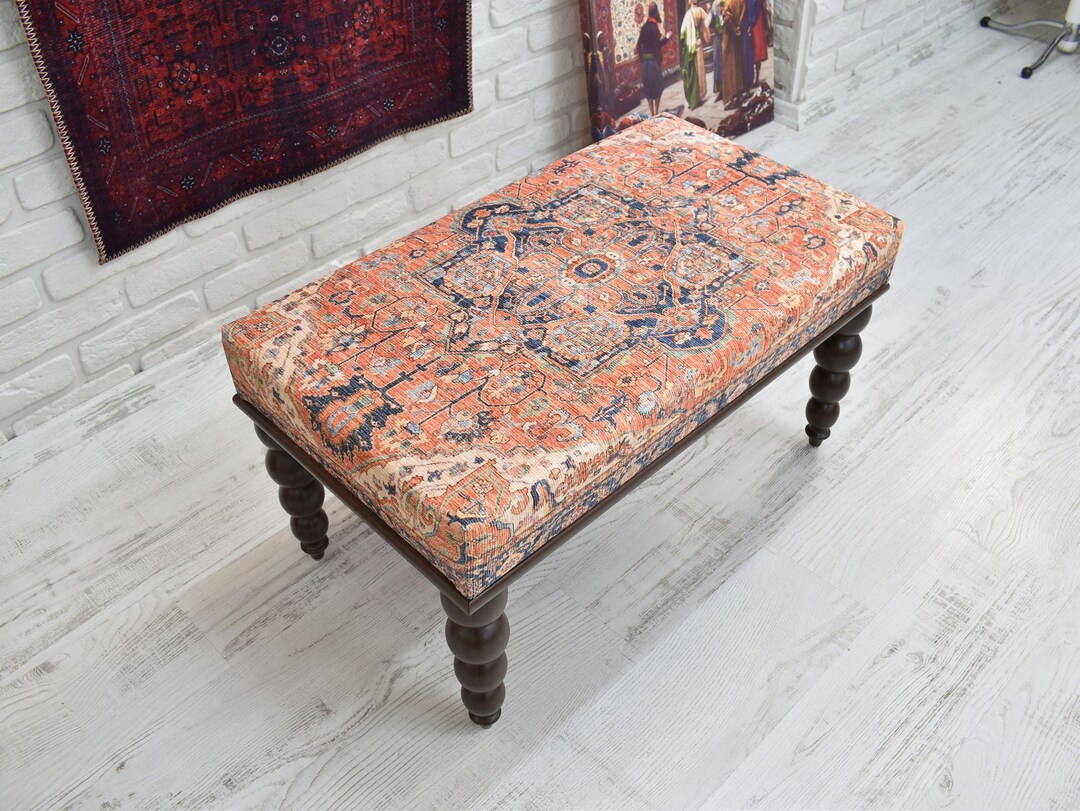 Ottoman Rug Bench / Turkish Rug Ottoman / Upholstered Bench / Wood Work ...