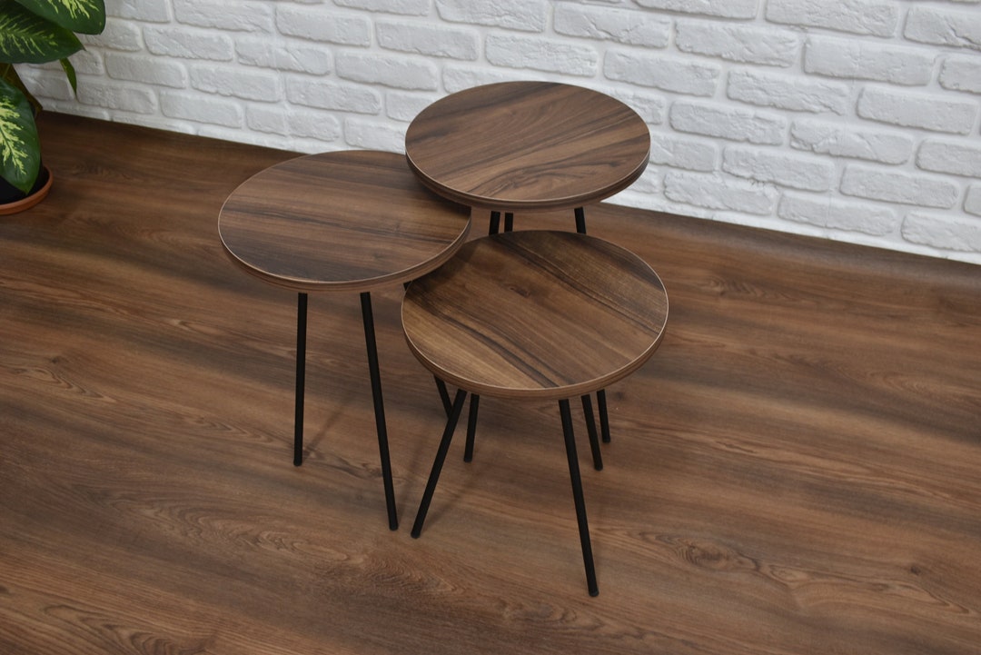 Solid Nesting Table Set of 3 Walnut Color Table Tops W/ Metal ...