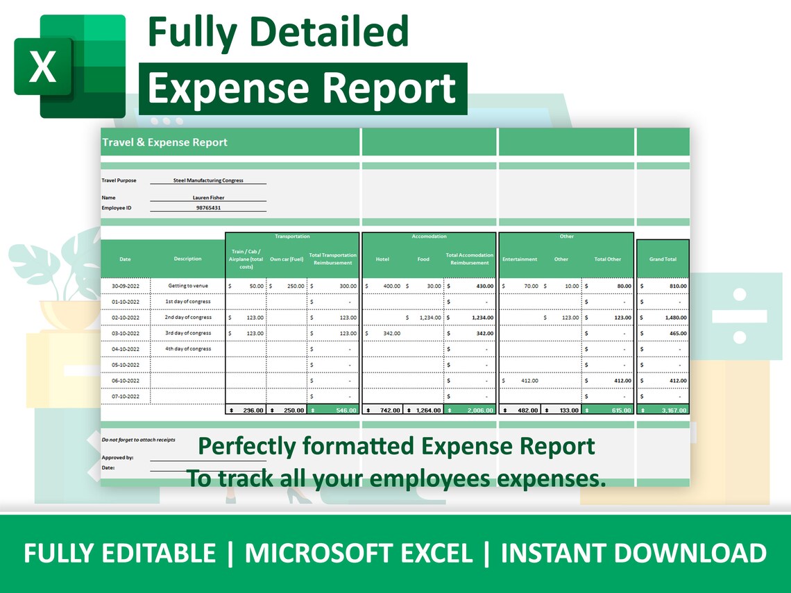 Expense Report All in One Excel Sheet Template | Company Employee ...