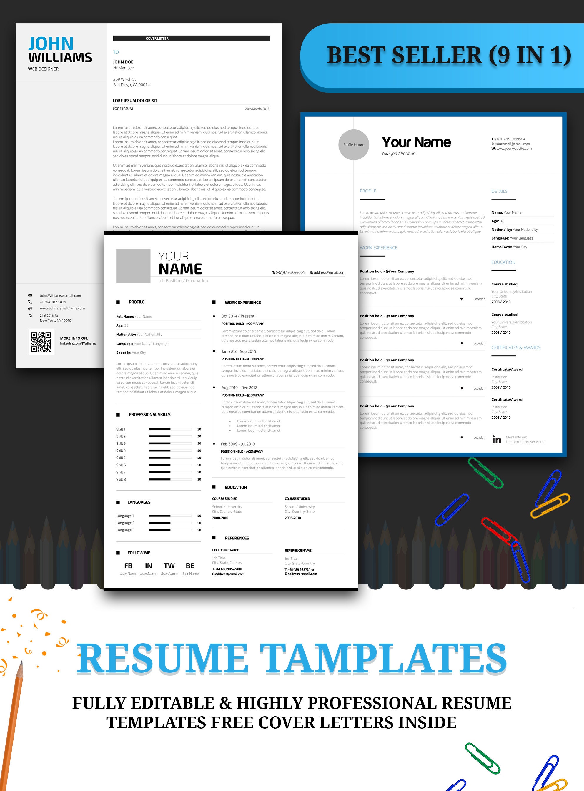 100% Fully Editable Clean Modern Professionally Designed Resume (9 ...