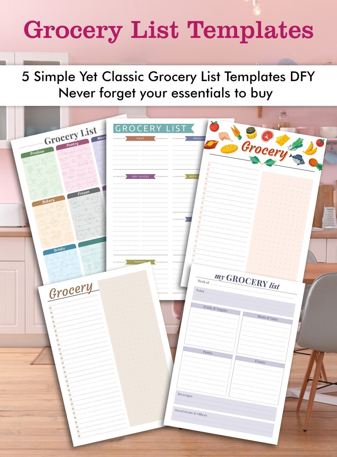 5 Stylish Grocery Shopping List PRINTABLE Templates, Modern Classic ...