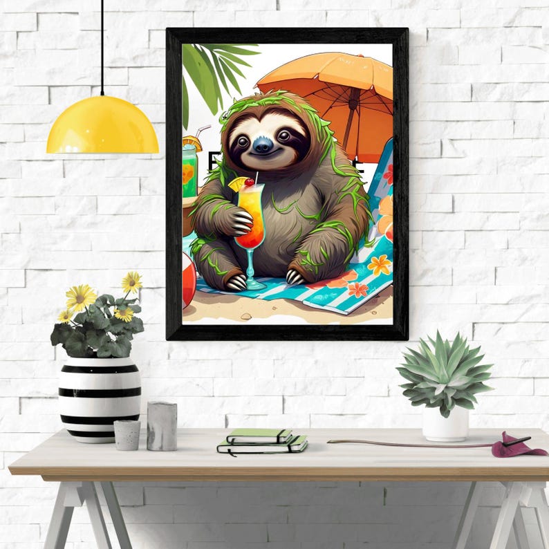 Sloth on Vacation, Funny Wall Art, Framed Canvas Wall Art, Fun Gifts ...