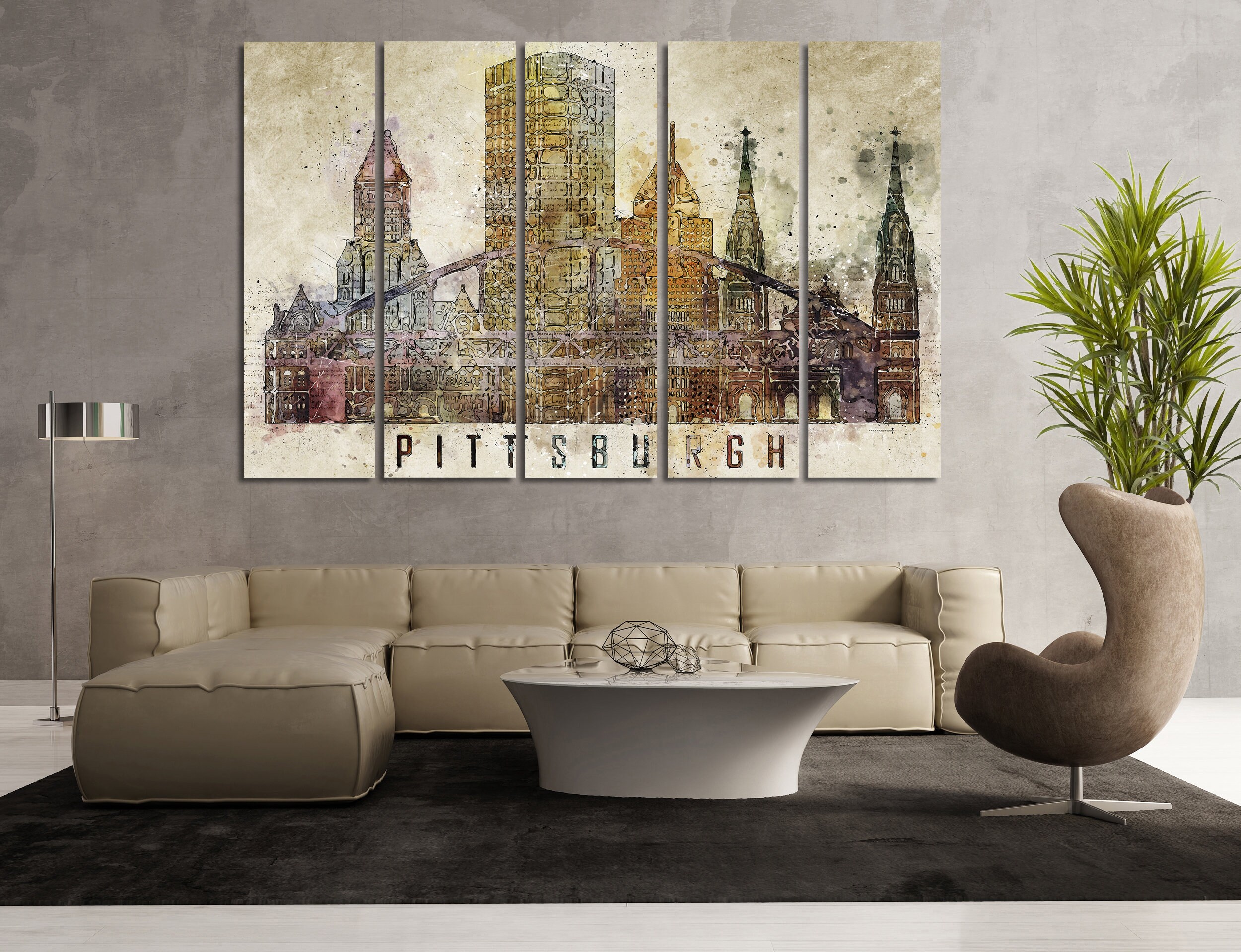 Pittsburgh Watercolor Canvas Set Wall Art Pittsburgh Skyline Living ...