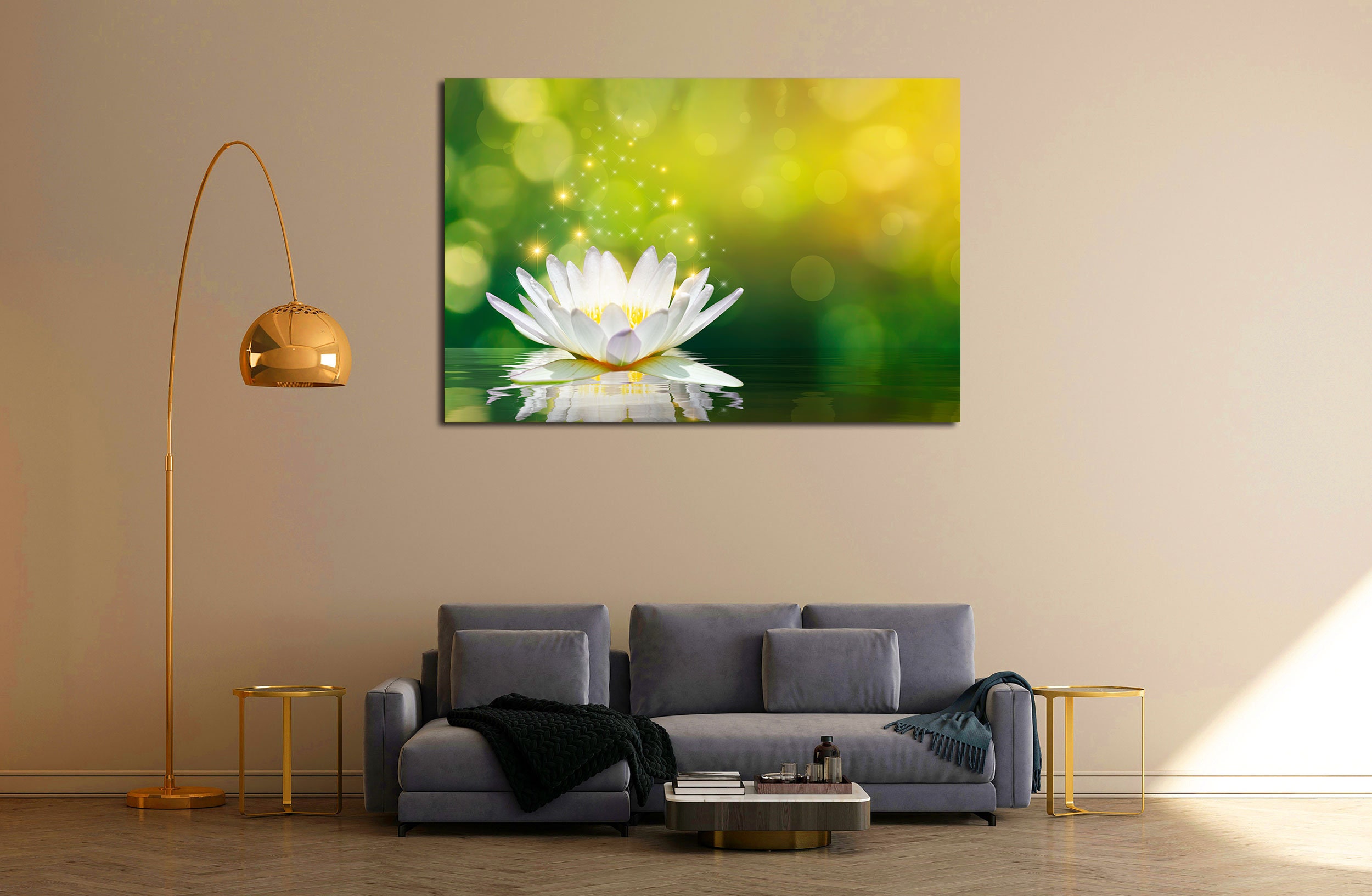 White Lotus Flower on Green Background Sparkling Lotus Printed on Extra ...