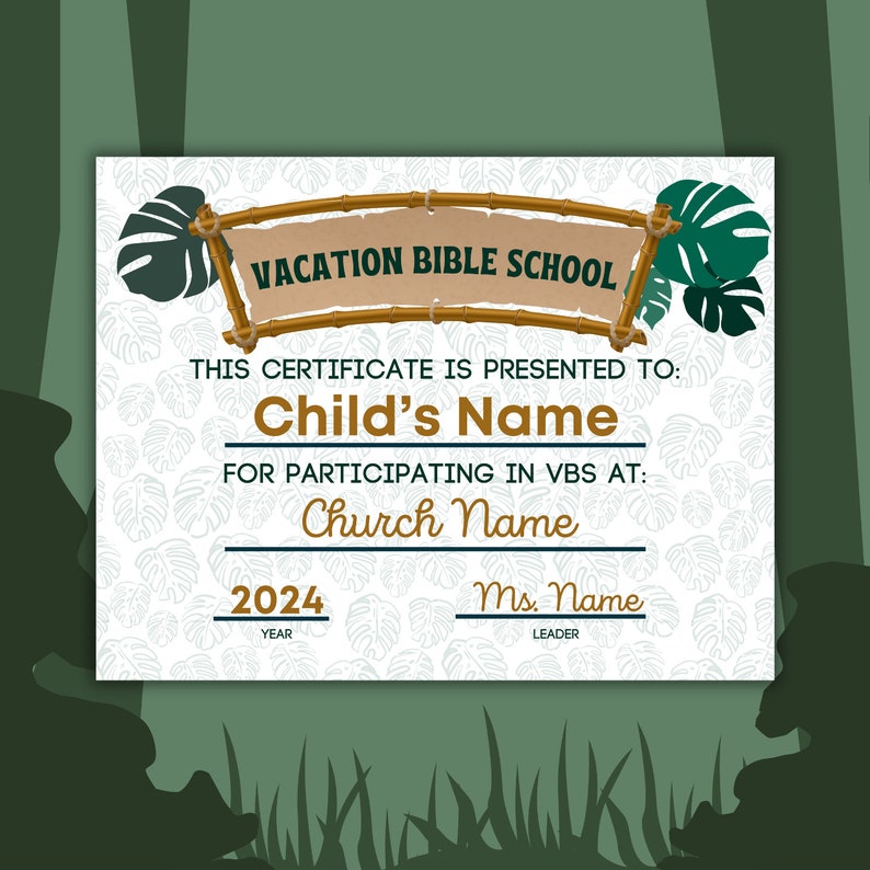 Jungle VBS Certificate Template: Editable, Printable Award (PDF ...