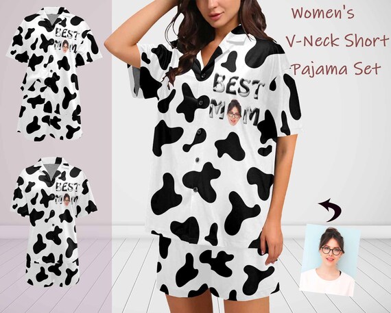 Cow Pattern Women's Pajamas With Face Customized V-neck | Etsy