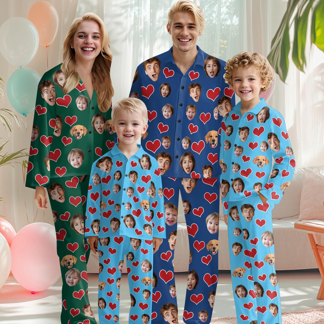 Custom Pajamas Set With Face, Customize Hearts Pajamas, Personalized ...