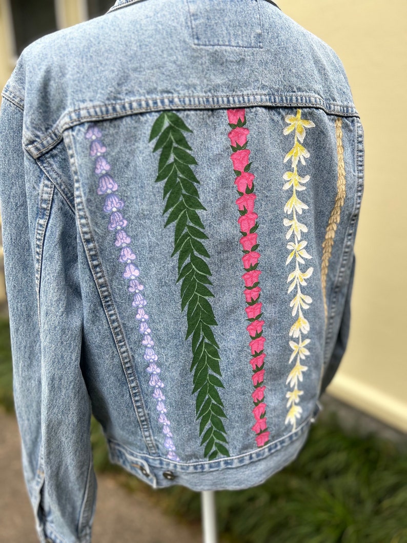 Upcycled and Handpainted Hawaiian Lei Denim Jacket. Maile, Crown Flower ...